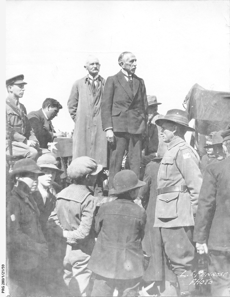 Prime Minister Billy Hughes at the unveiling of the Burra Soldiers ...