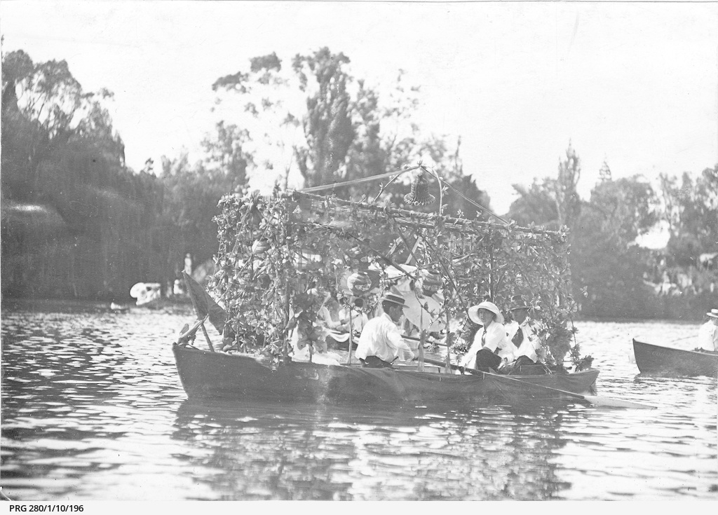 A decorated rowing boat on the Torrens River, Adelaide • Photograph ...