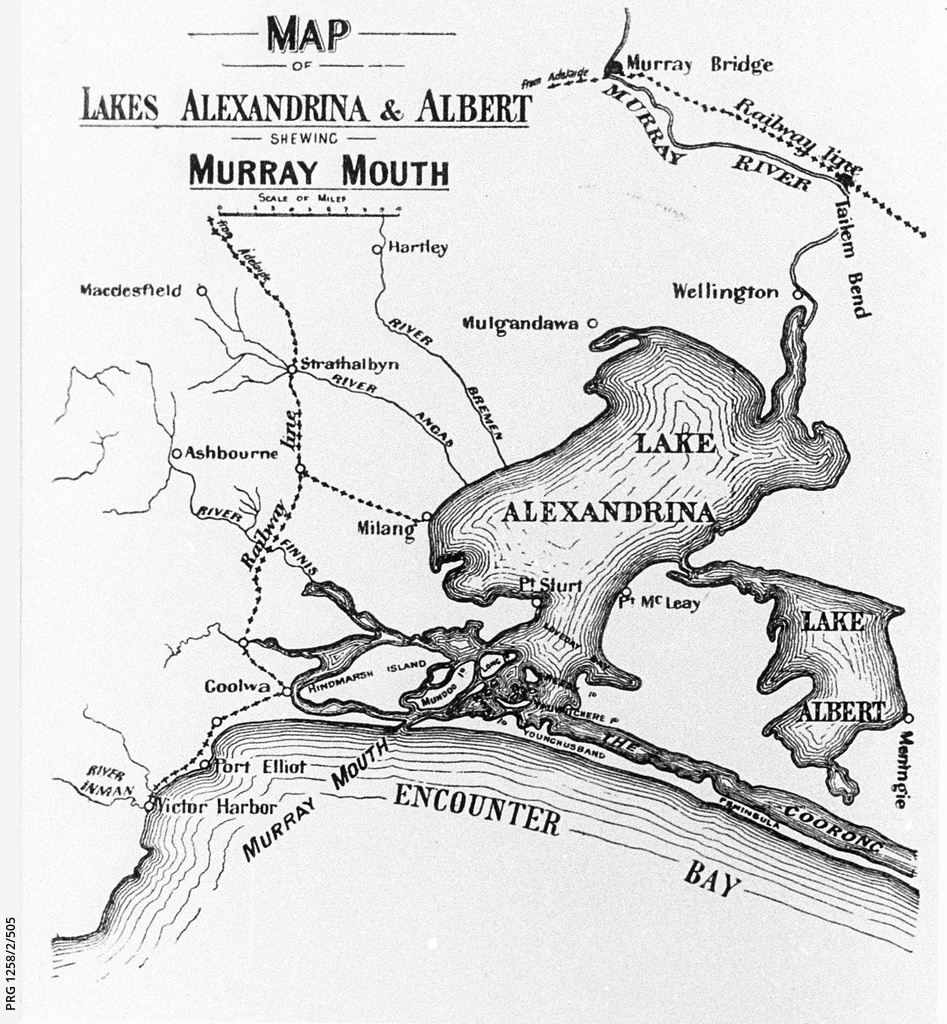 Map of Lakes Alexandrina and Albert showing the Murray Mouth ...