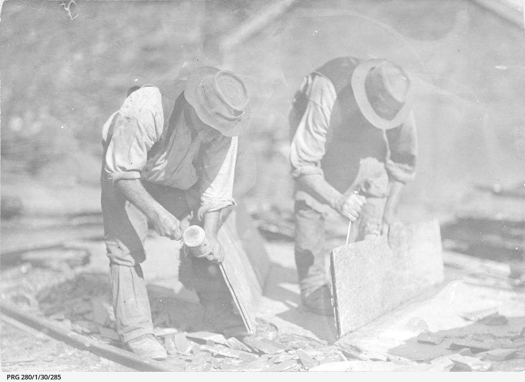 Men splitting slate at Willunga, South Australia • Photograph • State ...