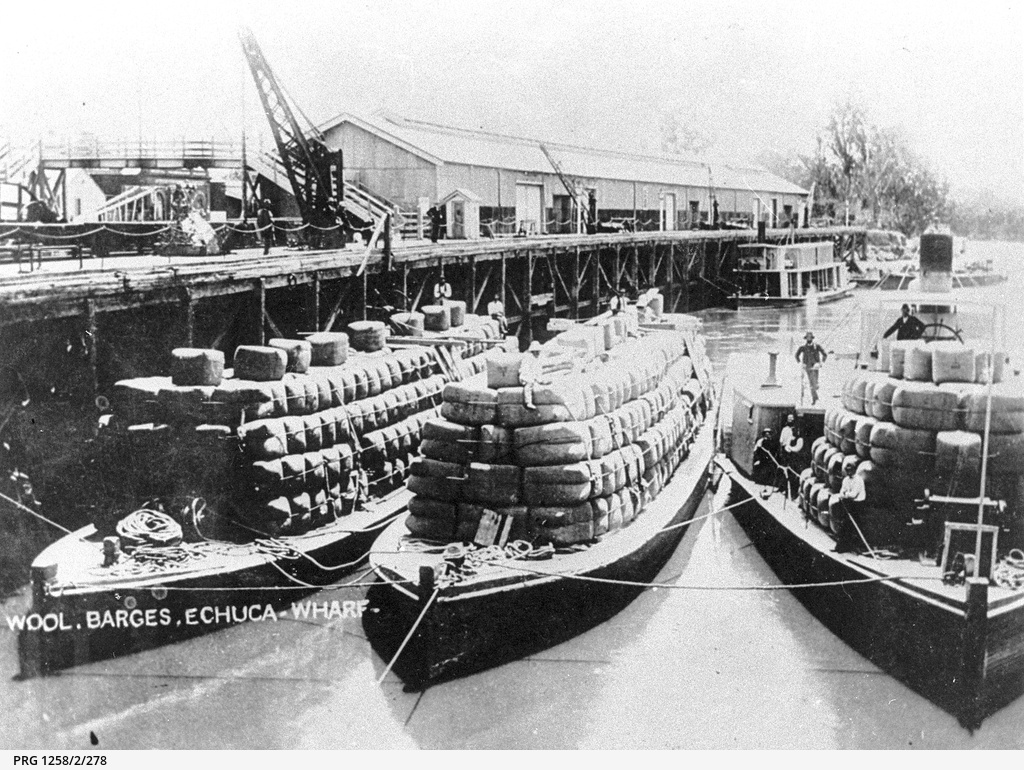 Rodney and barges loaded with wool at Echuca Wharf • Photograph • State ...