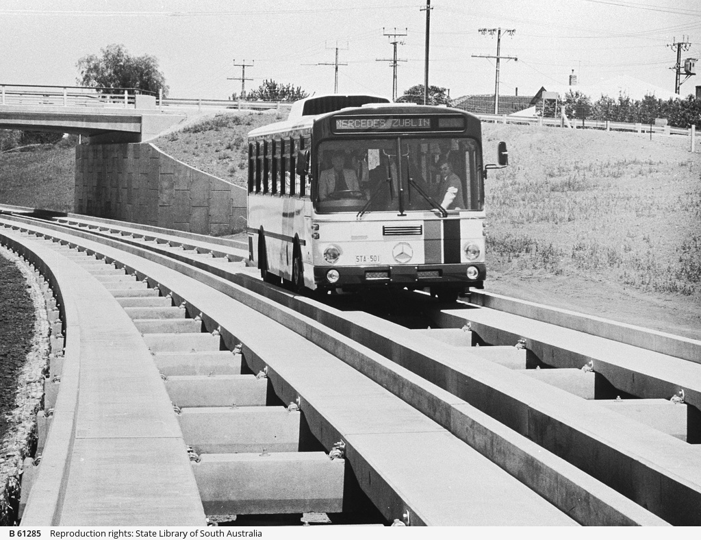 The first official bus on the O-Bahn track • Photograph • State Library ...
