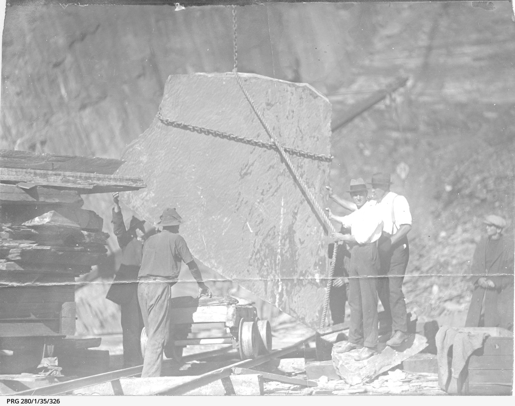 Men handling large slate at Willunga quarry • Photograph • State ...