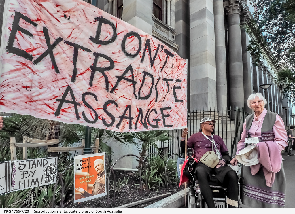 Don't extradite Assange' banner at the Walk to free Assange protest, in ...