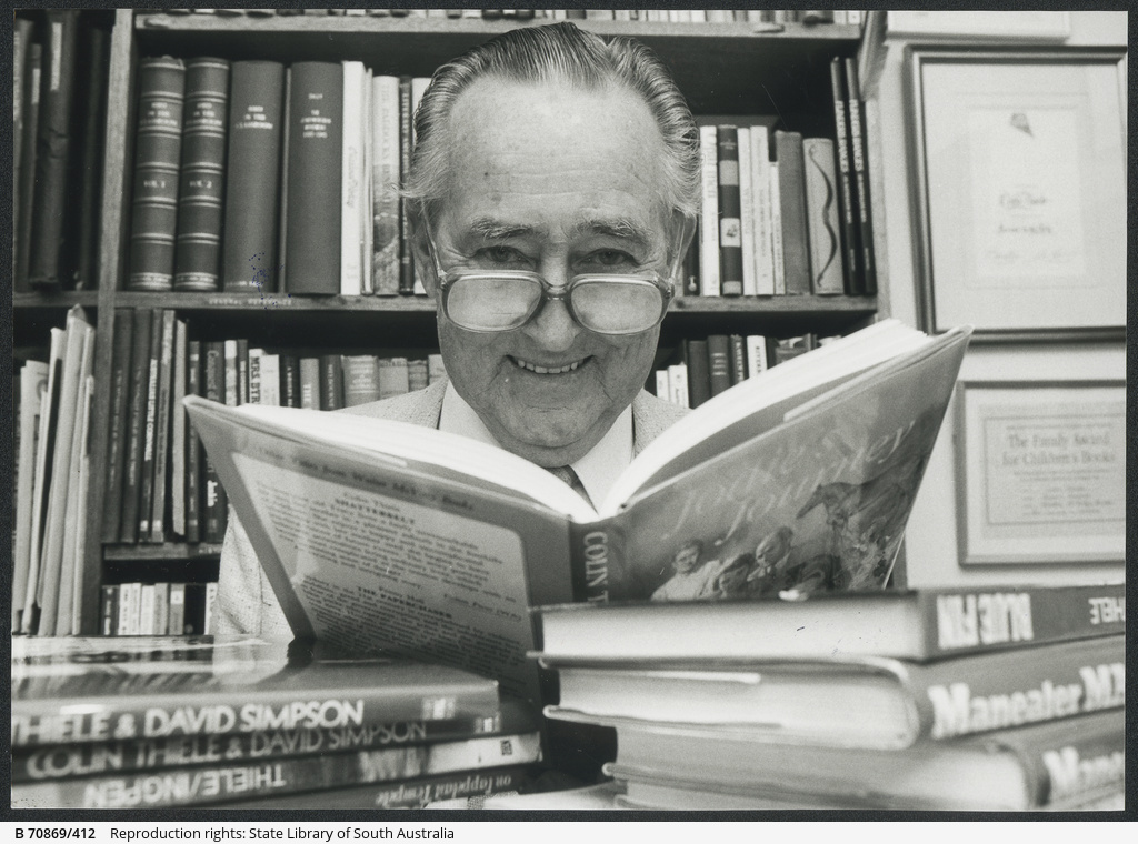 Colin Thiele amongst his books. 20June 1990. • Photograph • State ...
