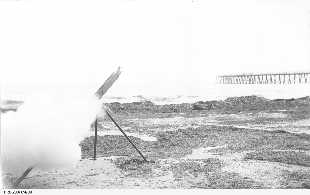A life-saving rocket apparatus in action on a beach • Photograph ...