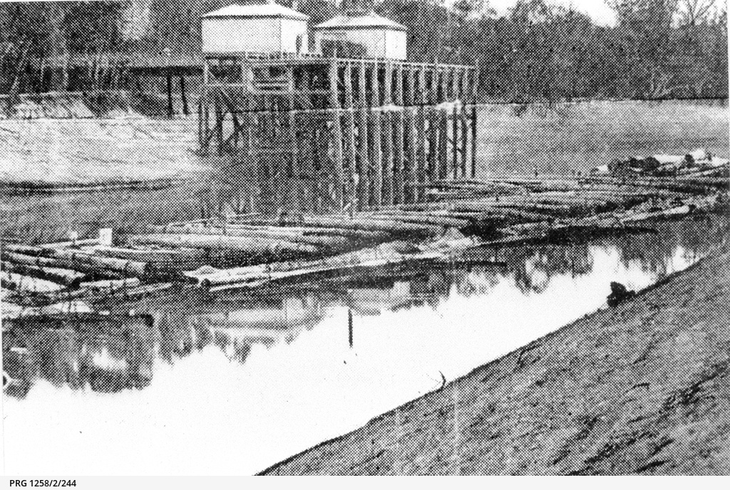 Moama Wharf in the 1920s with a barge loaded with logs • Photograph ...