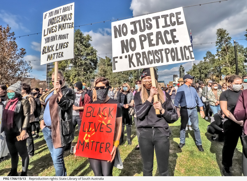 Protestors with placards at the Adelaide Justice for George Floyd march ...
